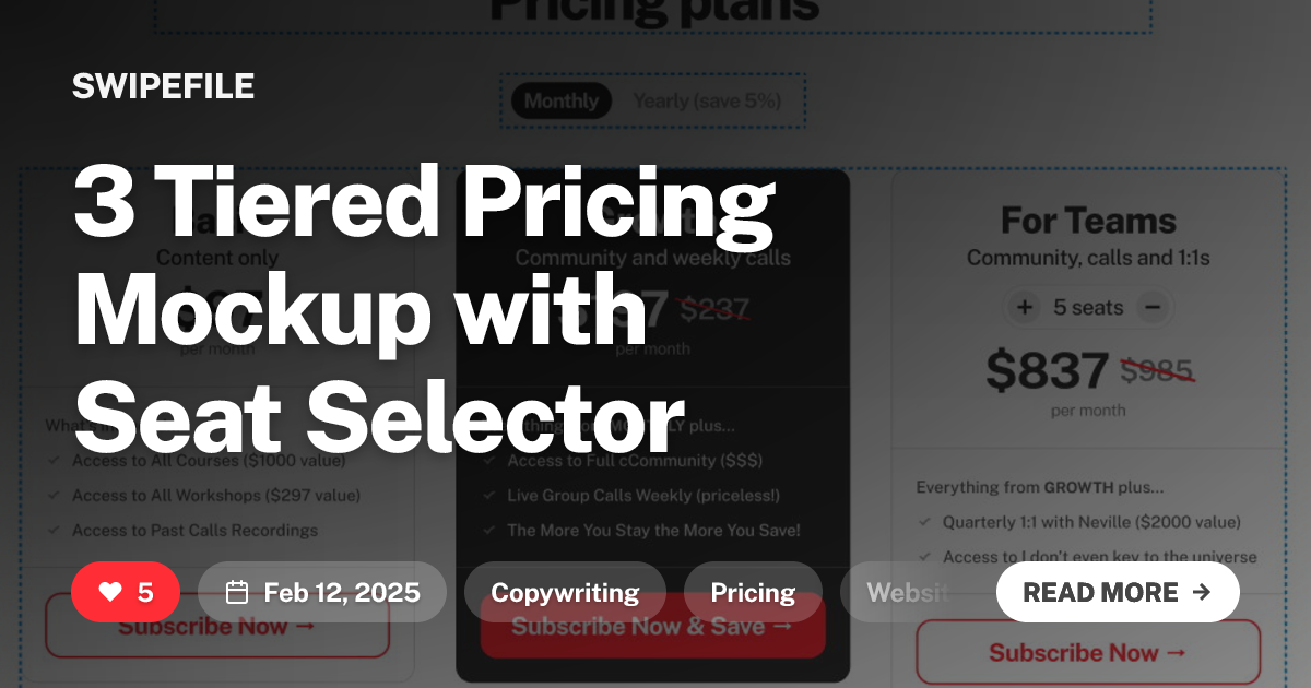 3 Tiered Pricing Mockup with Seat Selector | SwipeFile