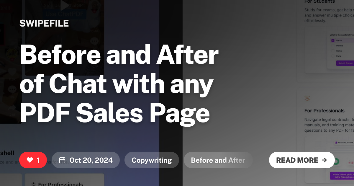 Before and After of Chat with any PDF Sales Page | SwipeFile