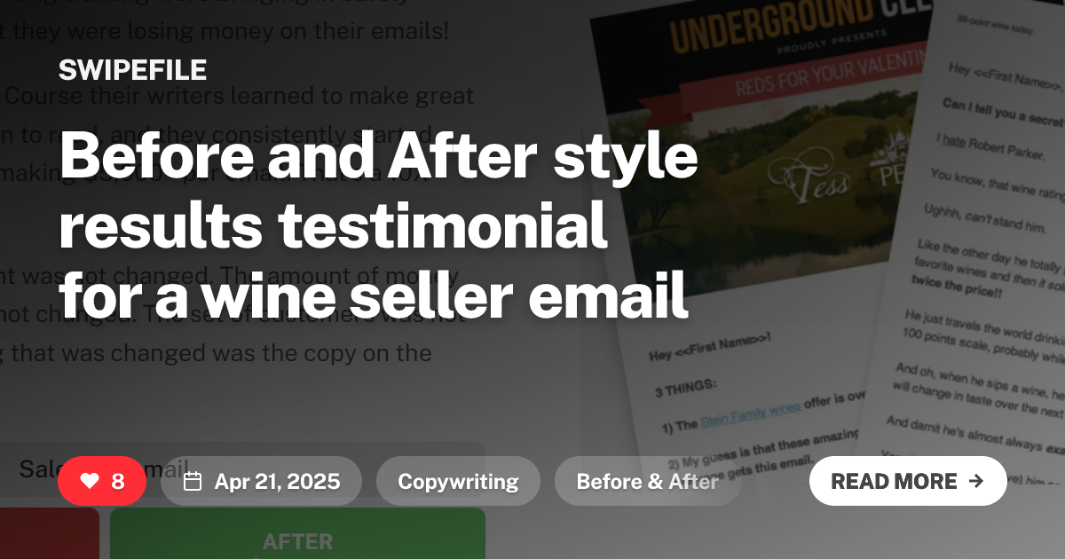 Before and After style results testimonial for a wine seller email ...