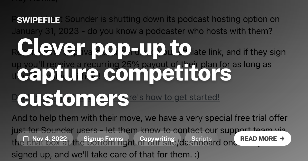 Clever pop-up to capture competitors customers | SwipeFile