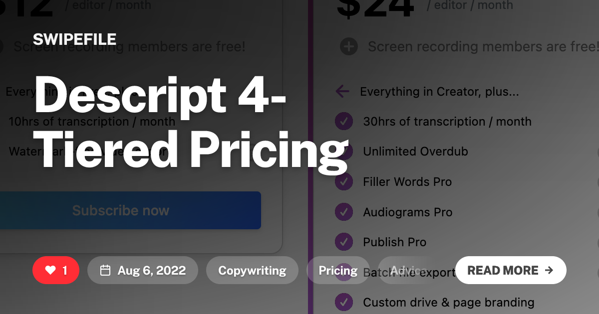 Descript 4-Tiered Pricing | SwipeFile