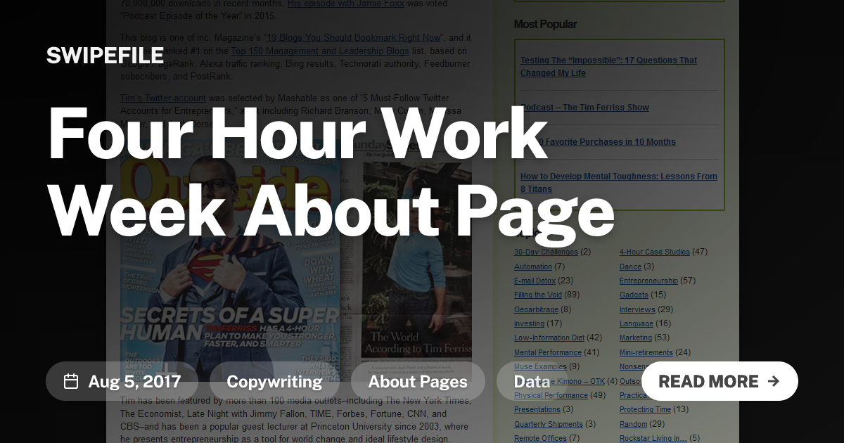 Four Hour Work Week About Page | SwipeFile