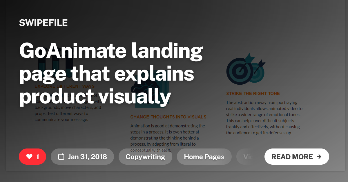 GoAnimate landing page that explains product visually | SwipeFile