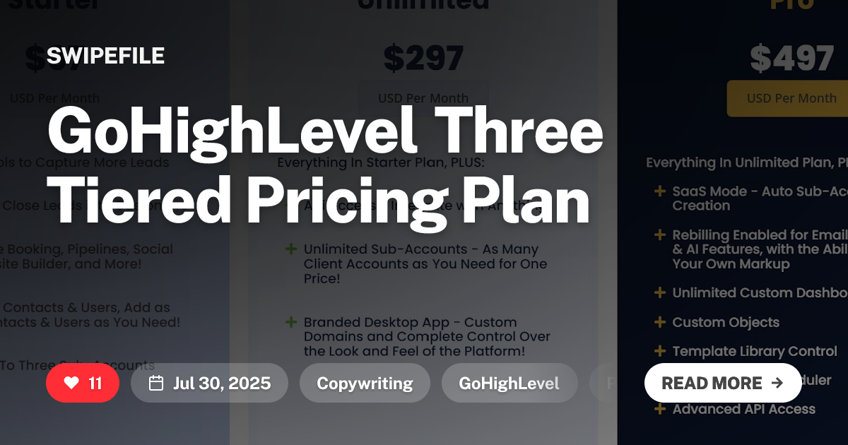 GoHighLevel Three Tiered Pricing Plan | SwipeFile