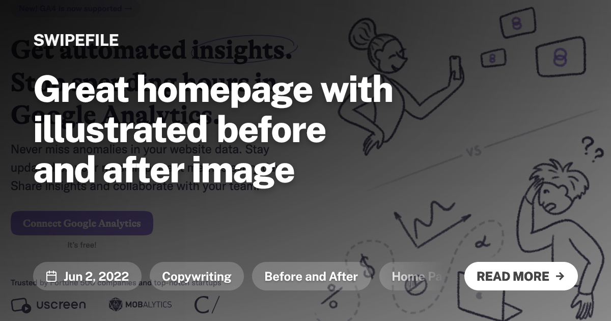 Great homepage with illustrated before and after image | SwipeFile