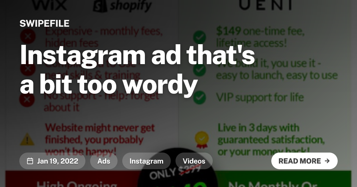 Instagram ad that's a bit too wordy | SwipeFile