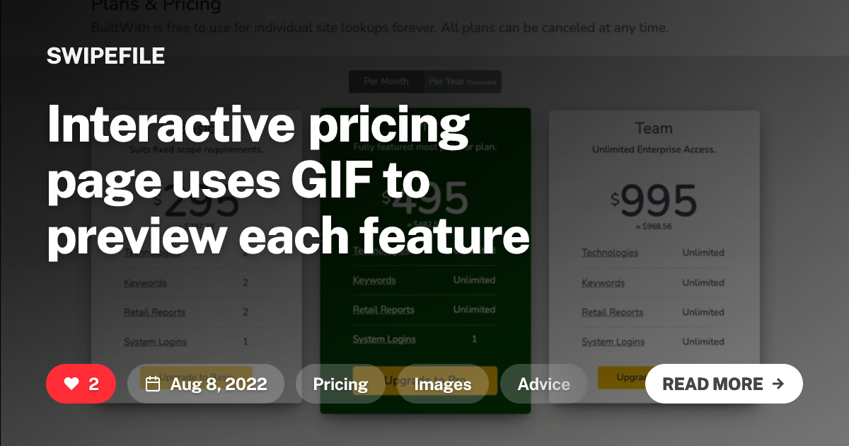 Interactive pricing page uses GIF to preview each feature | SwipeFile