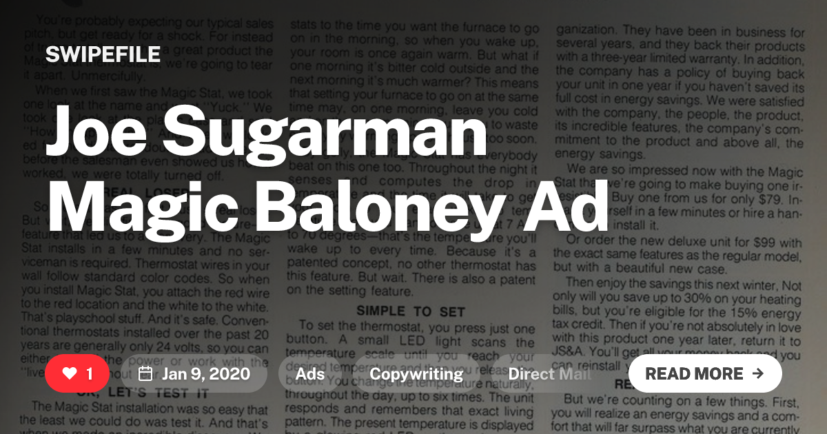 Joe Sugarman Magic Baloney Ad | SwipeFile