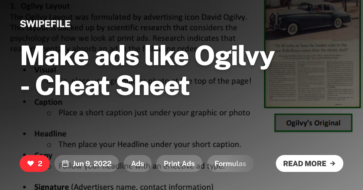 Make ads like Ogilvy - Cheat Sheet | SwipeFile