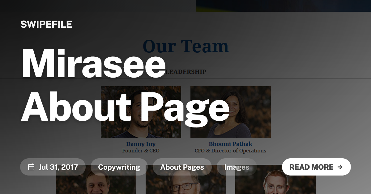 Mirasee About Page | SwipeFile