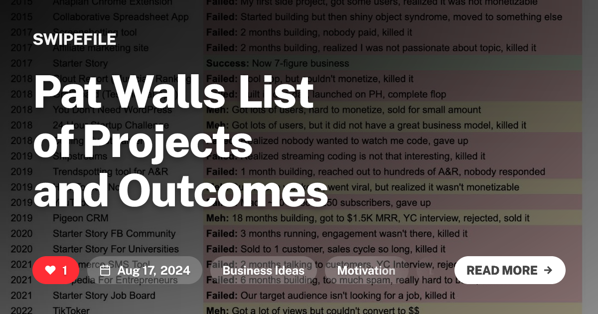 Pat Walls List of Projects and Outcomes | SwipeFile