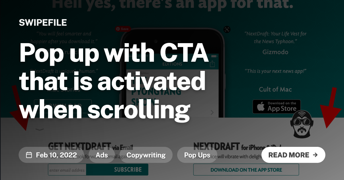 Pop up with CTA that is activated when scrolling | SwipeFile