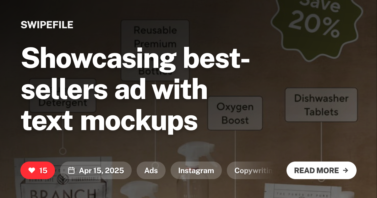 Showcasing best-sellers ad with text mockups | SwipeFile
