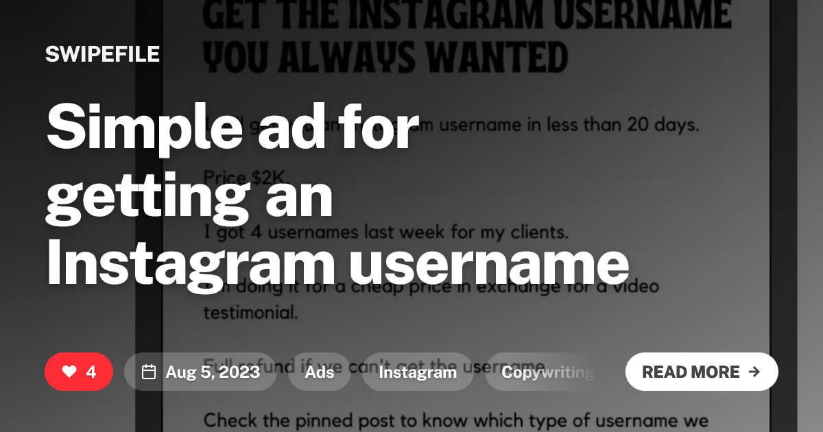 Simple ad for getting an Instagram username | SwipeFile