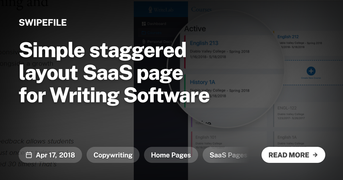 Simple staggered layout SaaS page for Writing Software | SwipeFile