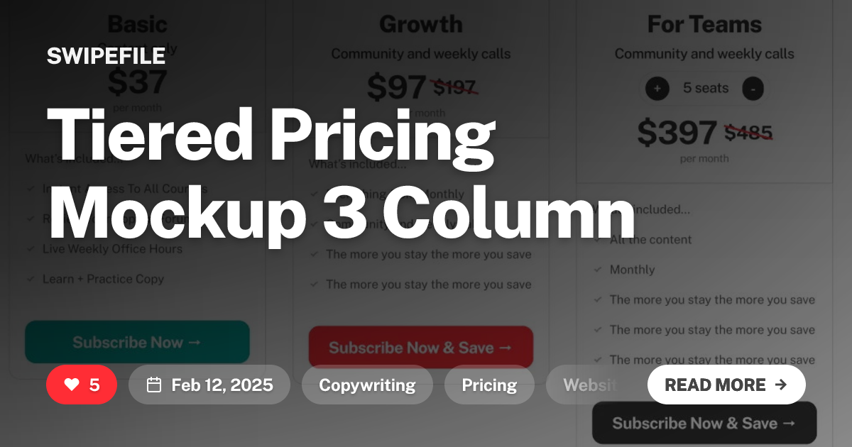 Tiered Pricing Mockup 3 Column | SwipeFile
