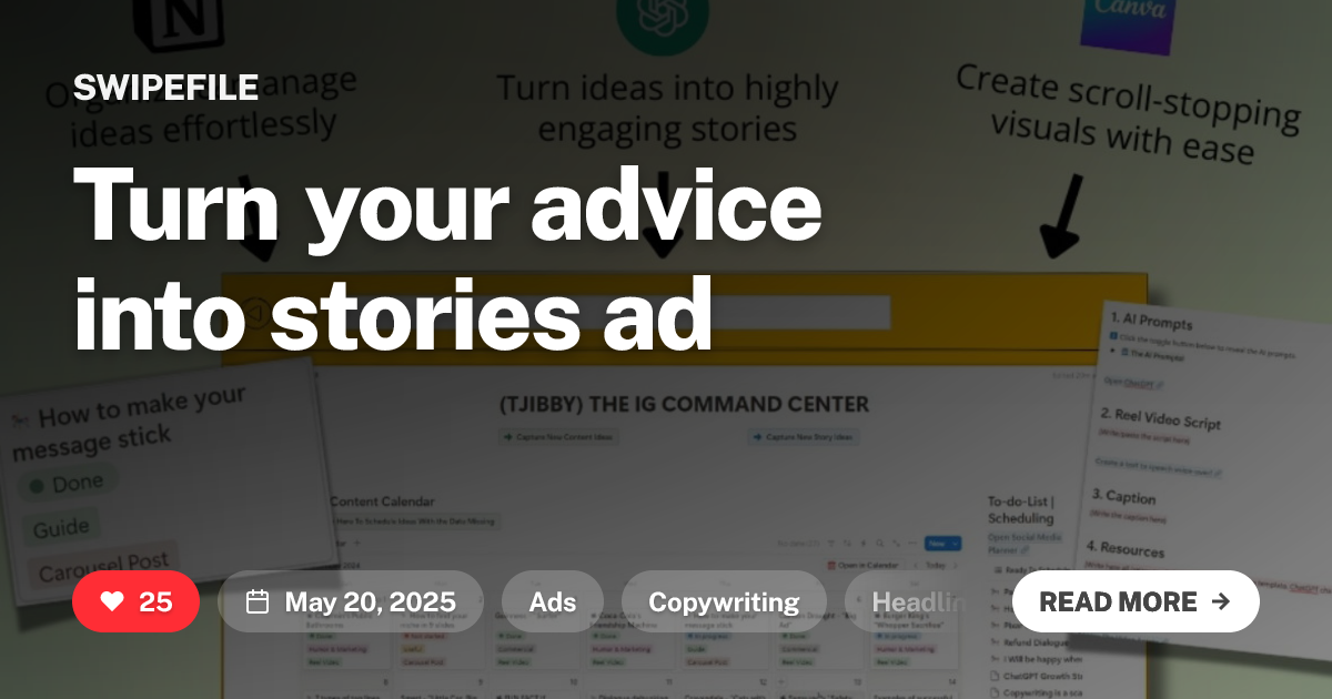 Turn your advice into stories ad | SwipeFile