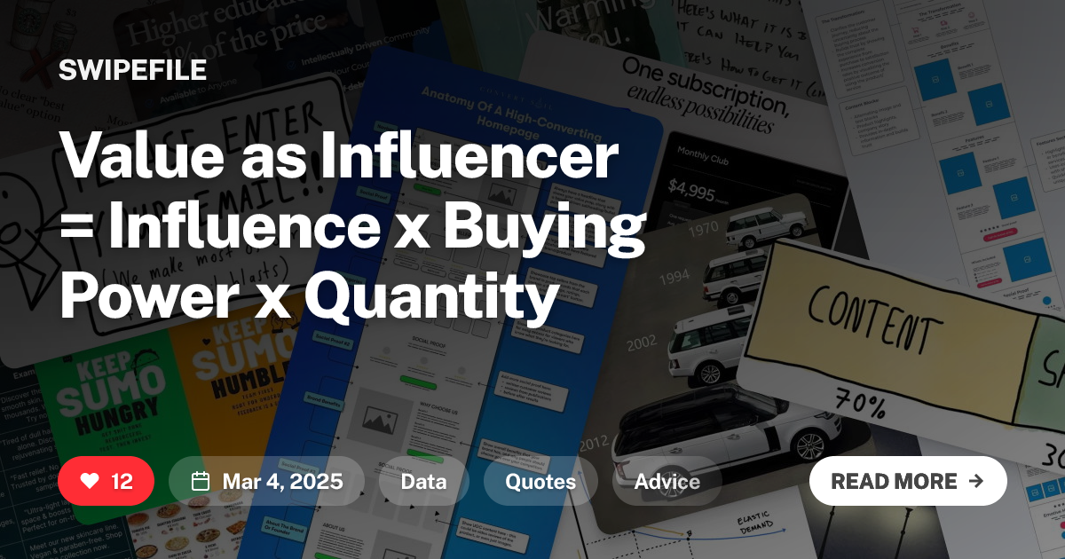 Value as Influencer = Influence x Buying Power x Quantity | SwipeFile