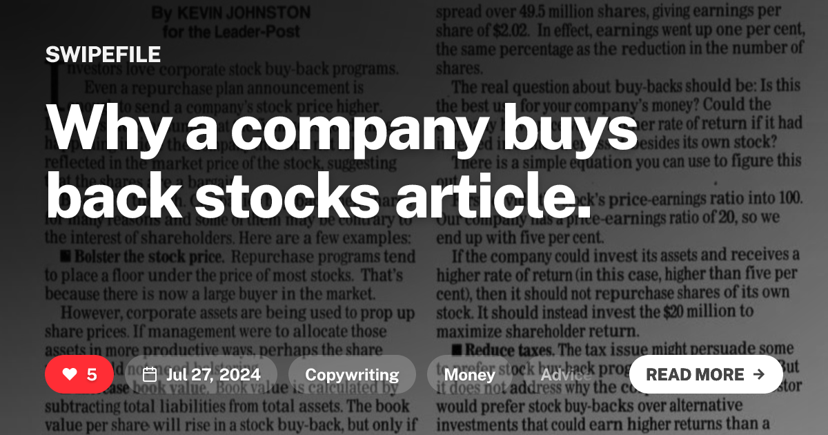 Why a company buys back stocks article. | SwipeFile