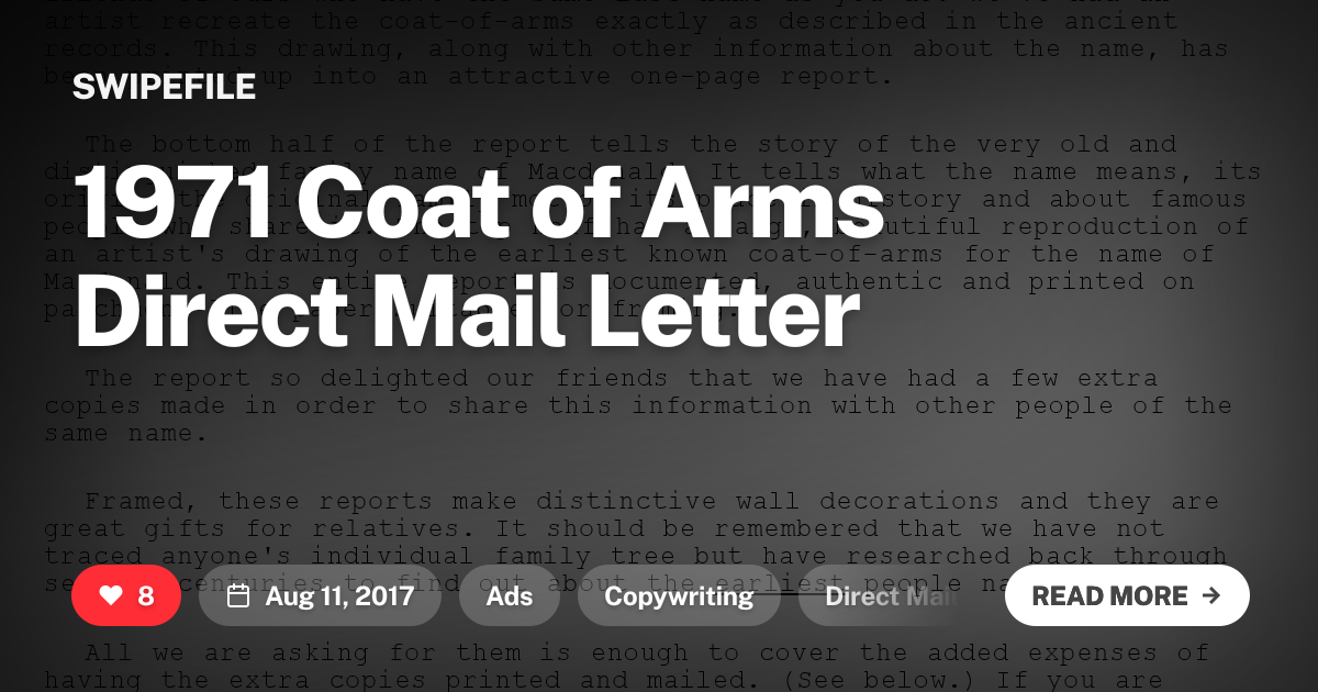 1971 Coat of Arms Direct Mail Letter | Swipefile