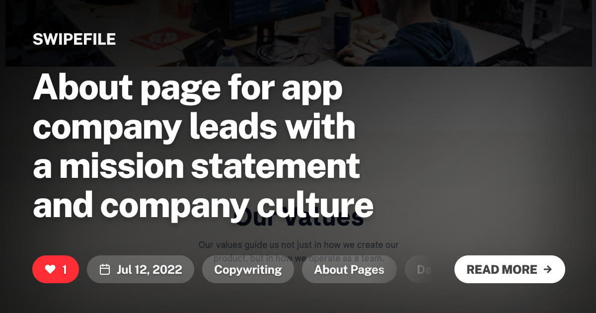 About page for app company leads with a mission statement and company ...