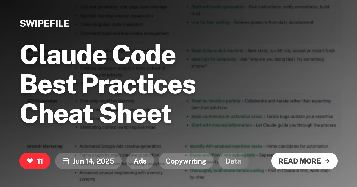 Claude Code Best Practices Cheat Sheet | SwipeFile