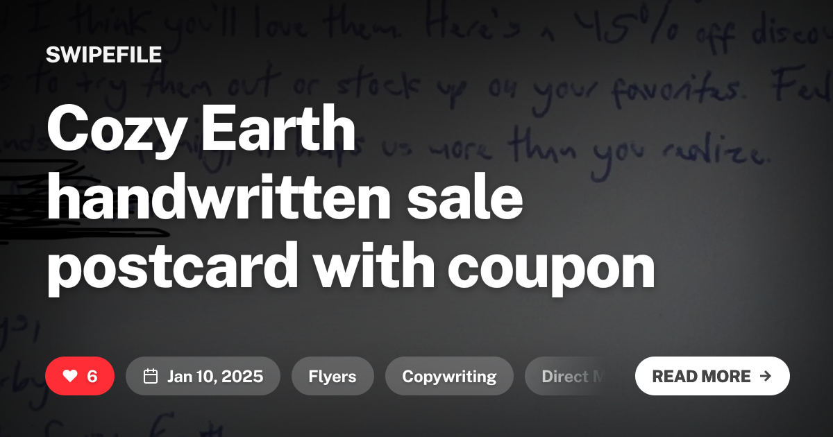 Cozy Earth handwritten sale postcard with coupon | Swipefile