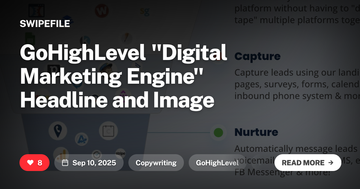 GoHighLevel "Digital Marketing Engine" Headline and Image | Swipefile