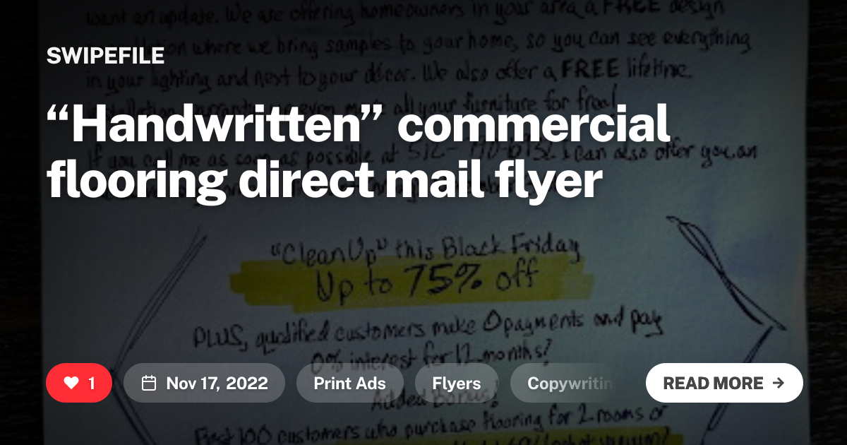 “Handwritten” commercial flooring direct mail flyer | SwipeFile