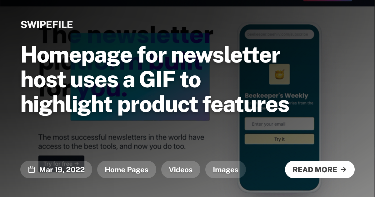 Homepage for newsletter host uses a GIF to highlight product features ...