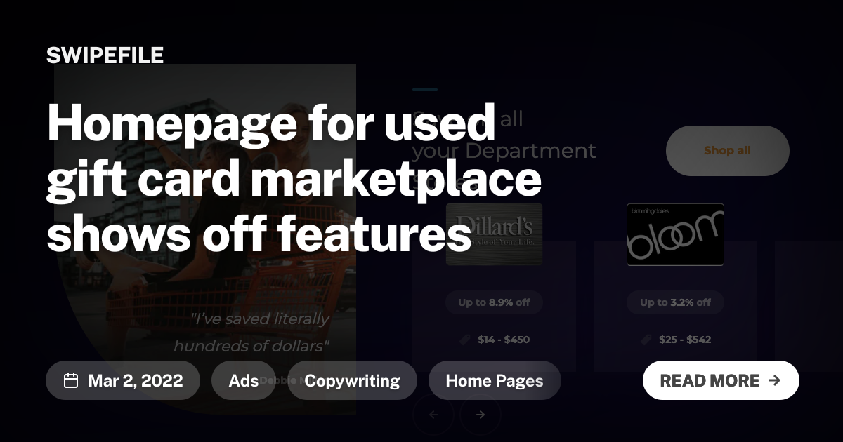 Homepage for used gift card marketplace shows off features | SwipeFile