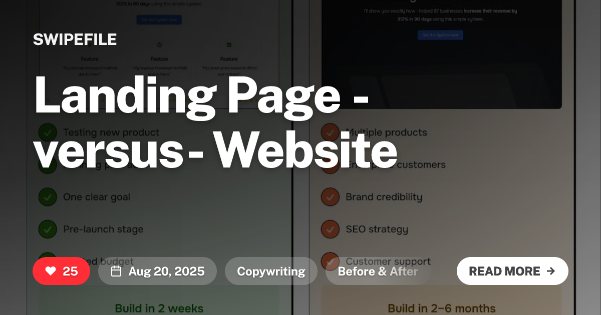 Landing Page -versus- Website | SwipeFile