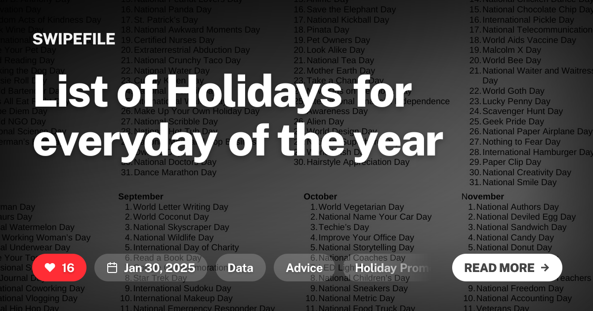 List of Holidays for everyday of the year | Swipefile