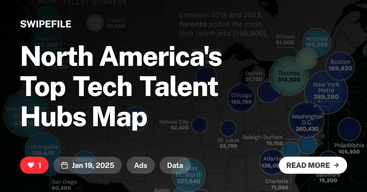 North America's Top Tech Talent Hubs Map | SwipeFile