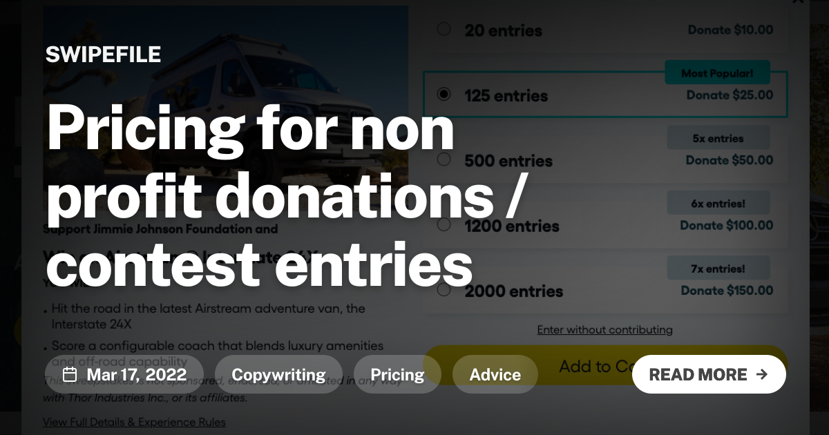 Pricing for non profit donations / contest entries | SwipeFile