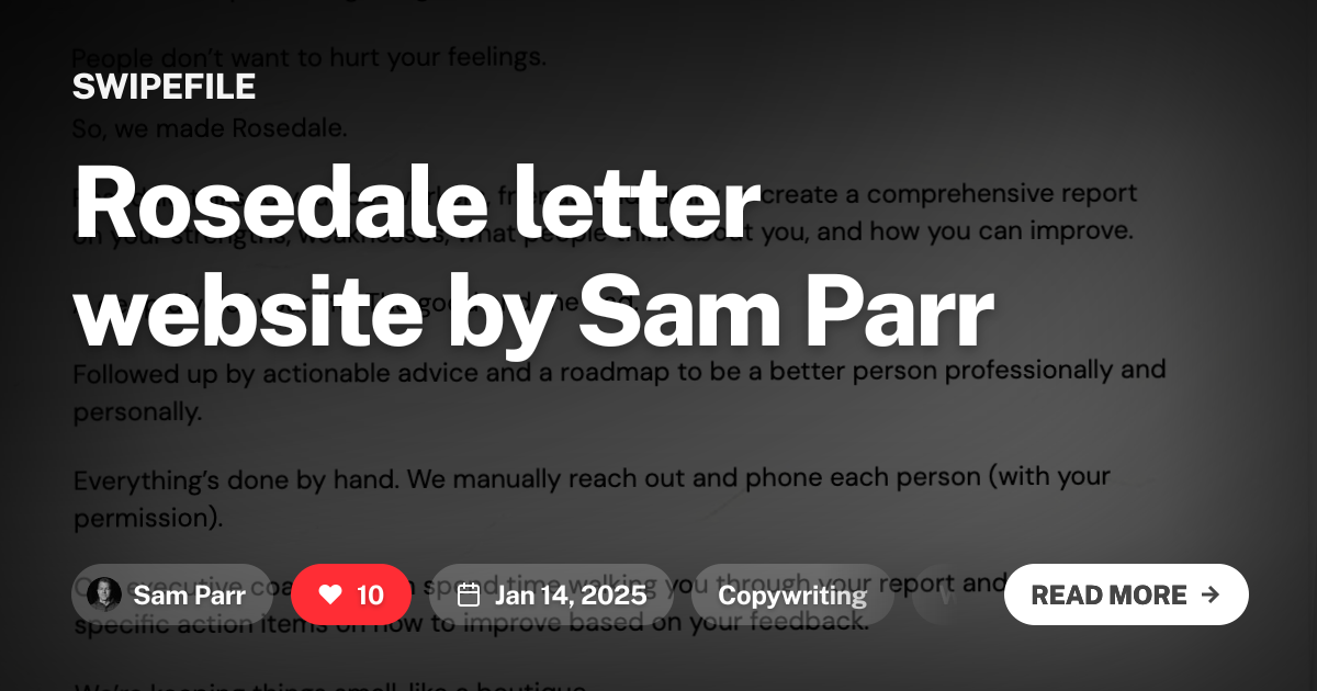 Rosedale letter website by Sam Parr | SwipeFile